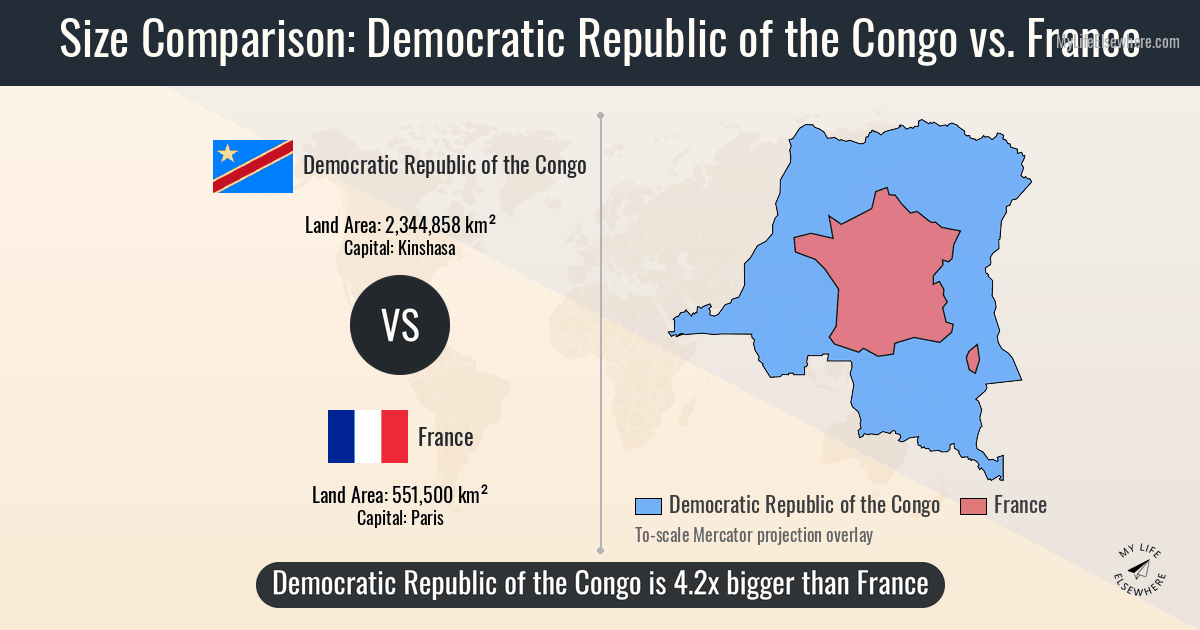 Size of Democratic Republic of the Congo compared to France